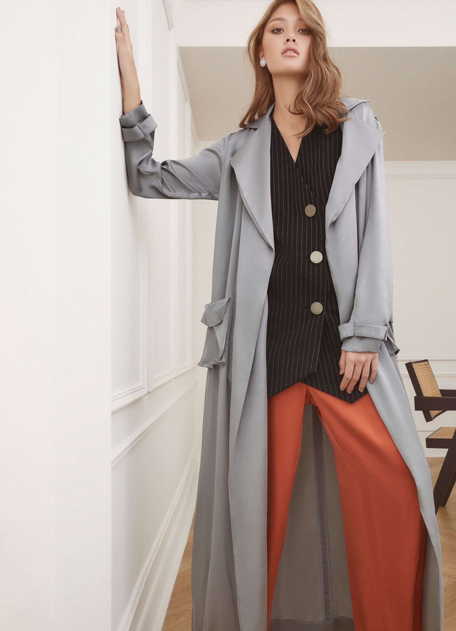 GREY SILK SATIN DUSTER COAT