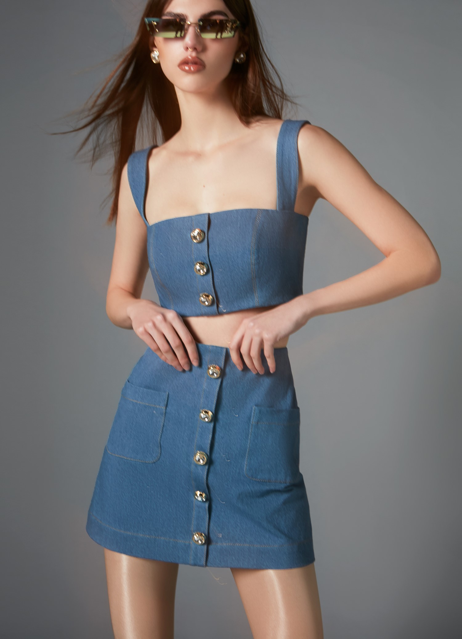 DENIM MINI SKIRT WITH DIAMENTÉ BUTTONS